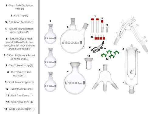 Short Path Distillation Set, 21 Piece - ASTM Type I, Class A - Borosilicate 3.3 Glass - Glassware Only - Eisco Labs