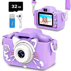 goopow kids camera toys for 3-8 year old girls,children digital video camcorder camera with cartoon soft silicone cover, best christmas birthday festival gift for kids – 32g sd card included