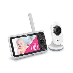 vtech vm350 video monitor with battery supports 12-hr video-mode, 21-hr audio-mode, 5″ screen, 1000ft long range, bright night vision, 2-way talk, auto-on screen, lullabies