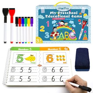 handwriting practice book for kids, toddlers preschool learning activity 40 pages autism educational montessori toys learn number letters shapes animal & sight words workbook with 8 dry erase markers