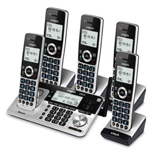 VTech VS113-5 Extended Range 5 Handset Cordless Phone for Home with Call Blocking, Connect to Cell Bluetooth, 2" Backlit Screen, Big Buttons, and Answering System, Silver & Black