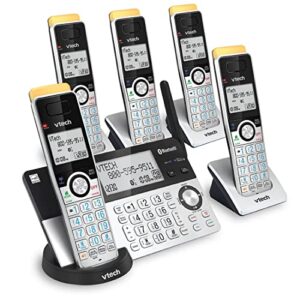 vtech super long range 5 handset dect 6.0 cordless phone for home with answering machine, 2300 ft range, call blocking, bluetooth, headset jack, power backup, intercom, expandable to 12 hs