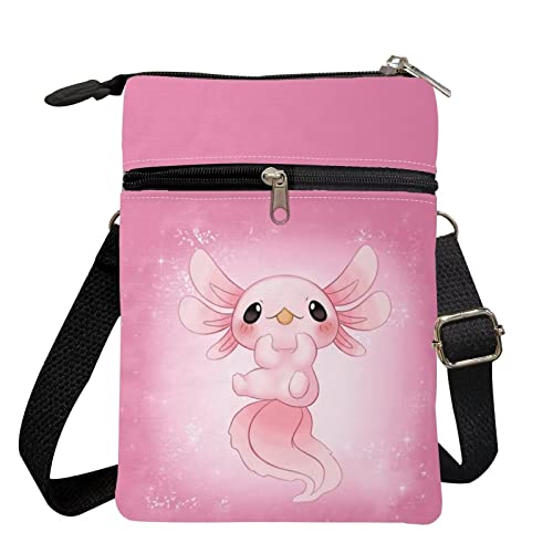 Xpyiqun Axolotl Cute Crossbody Bag Phone Purse for Women Canvas Shoulder Handbag Pink Mini Messenger Bags Travel Credit Card Holder Roomy Pockets Clutch Tote Stuff Sack for Kids Girls