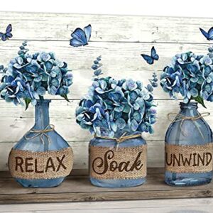 Farmhouse Bathroom Decor Wall Art Blue Hydrangea Bathroom Pictures for Wall Rustic Country Bathroom Canvas Prints Bathroom Sign Artwork Modern Home Decor for Bathroom Framed Ready to Hang 12"x16"