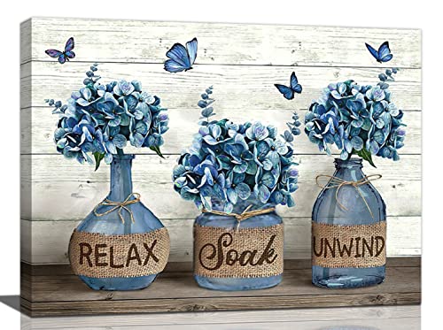 Farmhouse Bathroom Decor Wall Art Blue Hydrangea Bathroom Pictures for Wall Rustic Country Bathroom Canvas Prints Bathroom Sign Artwork Modern Home Decor for Bathroom Framed Ready to Hang 12"x16"