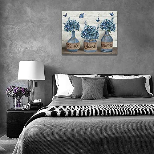 Farmhouse Bathroom Decor Wall Art Blue Hydrangea Bathroom Pictures for Wall Rustic Country Bathroom Canvas Prints Bathroom Sign Artwork Modern Home Decor for Bathroom Framed Ready to Hang 12"x16"