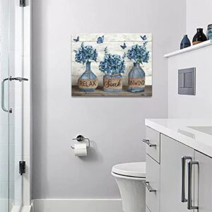 Farmhouse Bathroom Decor Wall Art Blue Hydrangea Bathroom Pictures for Wall Rustic Country Bathroom Canvas Prints Bathroom Sign Artwork Modern Home Decor for Bathroom Framed Ready to Hang 12"x16"