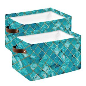 Storage Cubes Organizer with Handles, Blue Geometry Lattice Marble Storage Bins Fabric Collapsible Storage Baskets for Shelf Closet Nursery Cloth Organizers Box 2pcs-15x11x9.5in