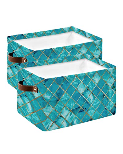 Storage Cubes Organizer with Handles, Blue Geometry Lattice Marble Storage Bins Fabric Collapsible Storage Baskets for Shelf Closet Nursery Cloth Organizers Box 2pcs-15x11x9.5in