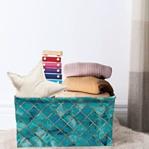 Storage Cubes Organizer with Handles, Blue Geometry Lattice Marble Storage Bins Fabric Collapsible Storage Baskets for Shelf Closet Nursery Cloth Organizers Box 2pcs-15x11x9.5in