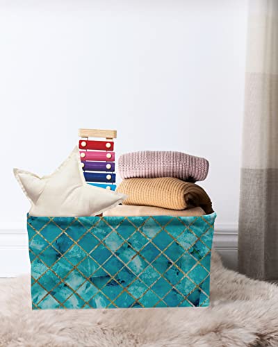 Storage Cubes Organizer with Handles, Blue Geometry Lattice Marble Storage Bins Fabric Collapsible Storage Baskets for Shelf Closet Nursery Cloth Organizers Box 2pcs-15x11x9.5in