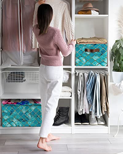 Storage Cubes Organizer with Handles, Blue Geometry Lattice Marble Storage Bins Fabric Collapsible Storage Baskets for Shelf Closet Nursery Cloth Organizers Box 2pcs-15x11x9.5in