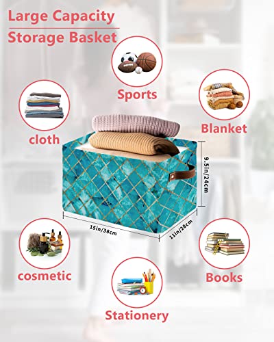 Storage Cubes Organizer with Handles, Blue Geometry Lattice Marble Storage Bins Fabric Collapsible Storage Baskets for Shelf Closet Nursery Cloth Organizers Box 2pcs-15x11x9.5in