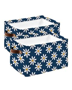 storage cubes organizer with handles, white daisy flowers storage bins fabric collapsible storage baskets for shelf closet nursery cloth organizers box blue backdrop 2pcs-15x11x9.5in