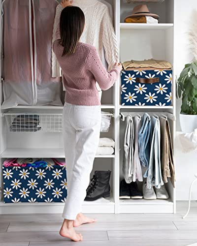 Storage Cubes Organizer with Handles, White Daisy Flowers Storage Bins Fabric Collapsible Storage Baskets for Shelf Closet Nursery Cloth Organizers Box Blue Backdrop 2pcs-15x11x9.5in