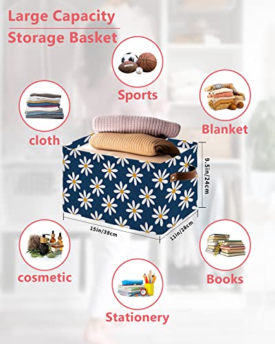 Storage Cubes Organizer with Handles, White Daisy Flowers Storage Bins Fabric Collapsible Storage Baskets for Shelf Closet Nursery Cloth Organizers Box Blue Backdrop 2pcs-15x11x9.5in