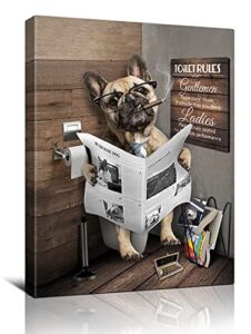 hankcles funny dog bathroom wall art vintage dog toilet picture canvas bulldog bathroom decor funny bathroom painting home wall decor for bathroom framed ready to hang 12×16 inch