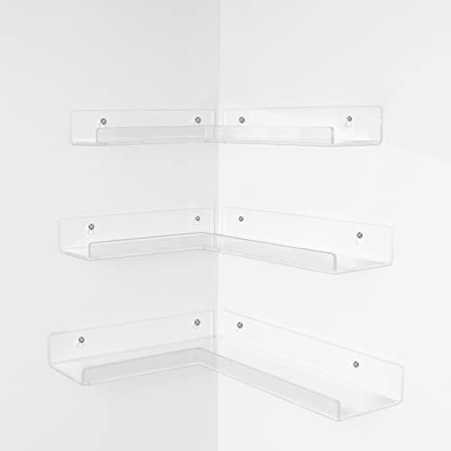 Tgzwme Clear Acrylic Floating Corner Shelves Wall Mounted 5MM Thick Bookshelf Invisible Collection Display Storage Floating Wall Ledge Shelf for Room, Kitchen, Office (3 Pack)