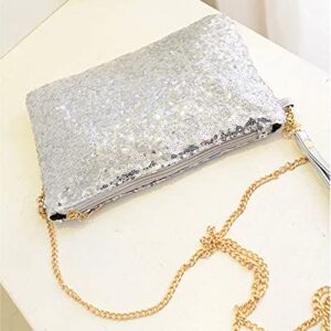 VINMEN Sparkling Glitter Sequins Evening Crossbody Clutch Bride Purse for Party Bling Handbag for Wedding (Silver)