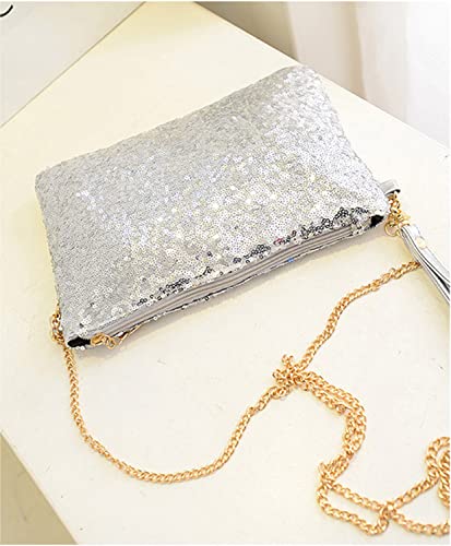 VINMEN Sparkling Glitter Sequins Evening Crossbody Clutch Bride Purse for Party Bling Handbag for Wedding (Silver)