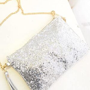 VINMEN Sparkling Glitter Sequins Evening Crossbody Clutch Bride Purse for Party Bling Handbag for Wedding (Silver)