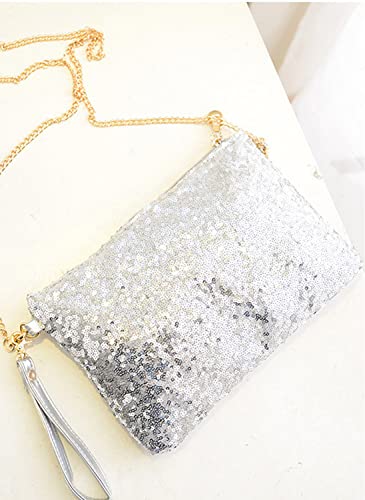 VINMEN Sparkling Glitter Sequins Evening Crossbody Clutch Bride Purse for Party Bling Handbag for Wedding (Silver)