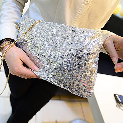 VINMEN Sparkling Glitter Sequins Evening Crossbody Clutch Bride Purse for Party Bling Handbag for Wedding (Silver)