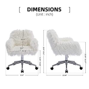 GOOLON Fuzzy Desk Chair Fluffy Office Chair Faux Fur Desk Chair Modern Swivel Chair with Armrest Vanity Chair Soft Comfortable for Woman Girl Living Dressing Room White