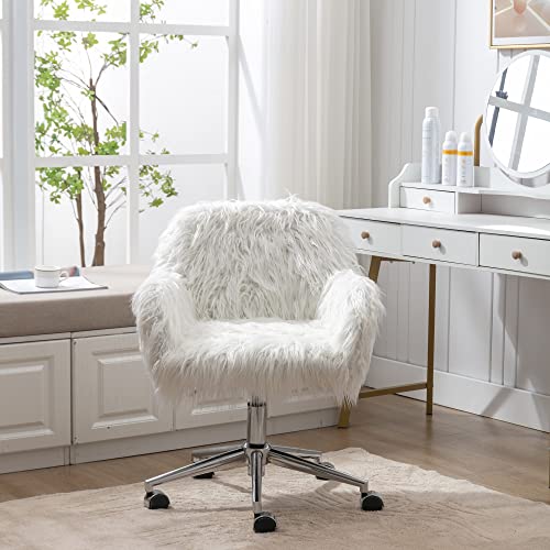 GOOLON Fuzzy Desk Chair Fluffy Office Chair Faux Fur Desk Chair Modern Swivel Chair with Armrest Vanity Chair Soft Comfortable for Woman Girl Living Dressing Room White