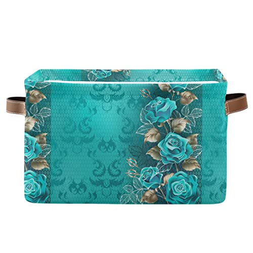 ALAZA Turquoise Rose Floral Foldable Storage Box Storage Basket Organizer Bins with Handles for Shelf Closet Living Room Bedroom Home Office 2 Pack