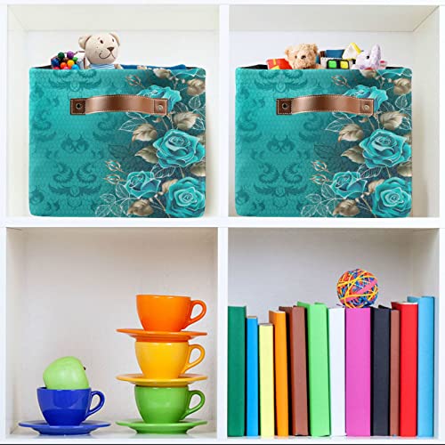 ALAZA Turquoise Rose Floral Foldable Storage Box Storage Basket Organizer Bins with Handles for Shelf Closet Living Room Bedroom Home Office 2 Pack