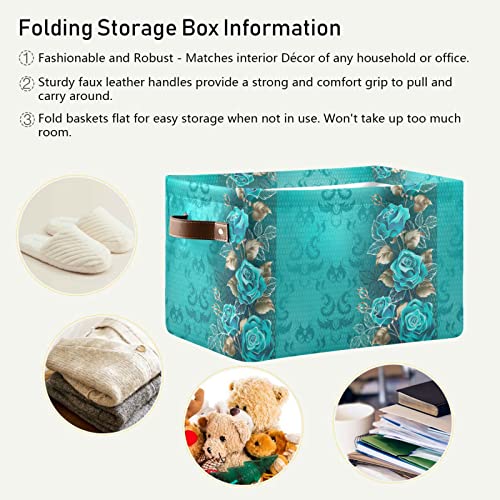 ALAZA Turquoise Rose Floral Foldable Storage Box Storage Basket Organizer Bins with Handles for Shelf Closet Living Room Bedroom Home Office 2 Pack