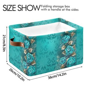 ALAZA Turquoise Rose Floral Foldable Storage Box Storage Basket Organizer Bins with Handles for Shelf Closet Living Room Bedroom Home Office 2 Pack