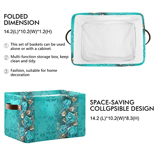 ALAZA Turquoise Rose Floral Foldable Storage Box Storage Basket Organizer Bins with Handles for Shelf Closet Living Room Bedroom Home Office 2 Pack