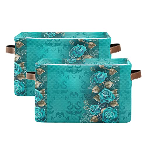 ALAZA Turquoise Rose Floral Foldable Storage Box Storage Basket Organizer Bins with Handles for Shelf Closet Living Room Bedroom Home Office 2 Pack