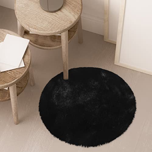 WLLHYF Faux Fur Rug，12 Inches Small Round Fur Rug Faux Fur Fluffy Area Rug Soft Round Chair Cover Seat Pad Cushion Carpet Mat for Bedroom Living Room Decor Photography Background of Jewelry (Black)