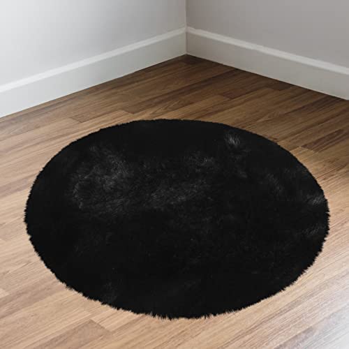 WLLHYF Faux Fur Rug，12 Inches Small Round Fur Rug Faux Fur Fluffy Area Rug Soft Round Chair Cover Seat Pad Cushion Carpet Mat for Bedroom Living Room Decor Photography Background of Jewelry (Black)