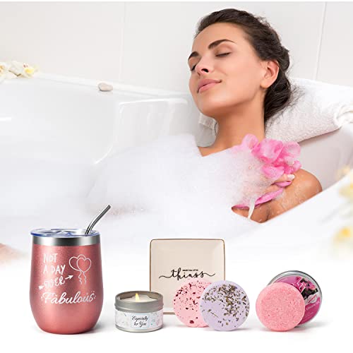 Unique Gift Basket for Woman - 12 oz Insulated Tumbler with Shampoo Bar, Scented Candle, Jewelry Tray, Aromatherapy Shower Steamers - Best Gift for Mother's Day Birthday Christmas Valentine's Day