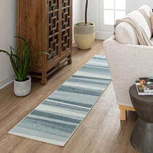 Mohawk Home Horizon Stripe Navy Blue 2' x 7' Area Rug Perfect for Entryway, Laundry Room, Hallway