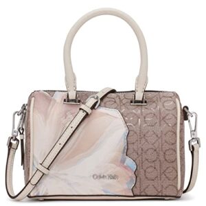 calvin klein ashley top zip dome mini satchel crossbody, almond/taupe multi printed textured emboss logo