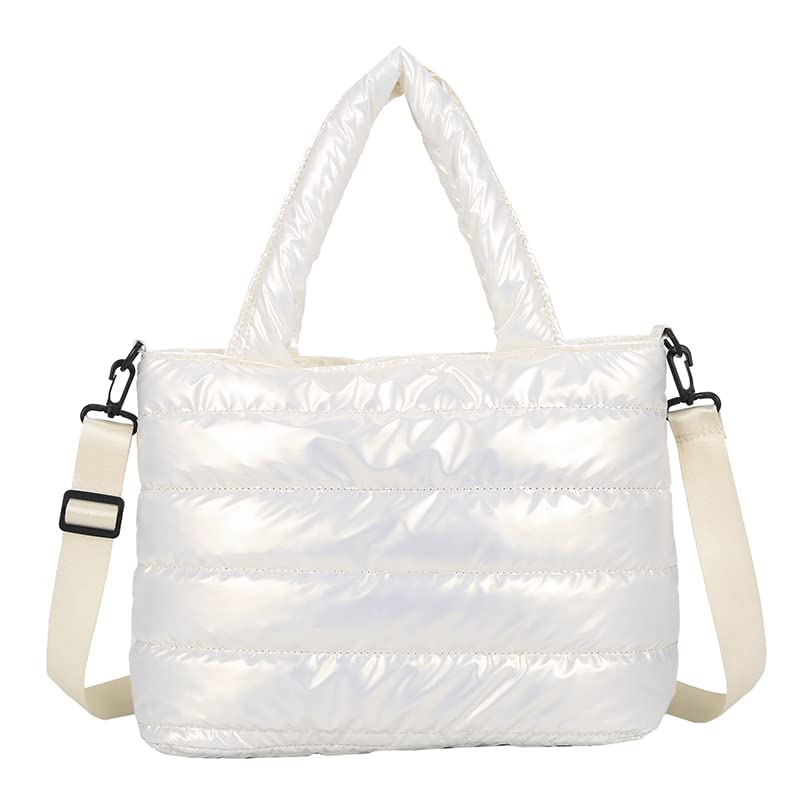 JQAliMOVV Puffer Tote Bag, Trendy Large Quilted Puffy Tote Bag Purse for Women Multiple-pockets Shoulder Handbags for Work Travel Shoping (White)