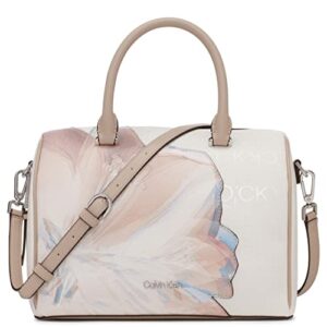 calvin klein ashley top zip dome satchel, cherub white multi printed textured emboss logo