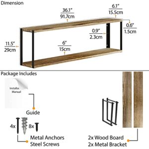 Wallniture Roca 36"x6" Bookshelf for Living Room Decor, 2 Tier Floating Shelves for Office Supplies, Entryway, Bathroom Organizer Shelf for Bathroom Accessories, Burnt Finish