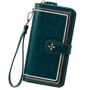 gsg womens wallet – id credit card holder for women, long wristlet leather zipper wallet with rfid blocking, teal ladies wallet with large capacity