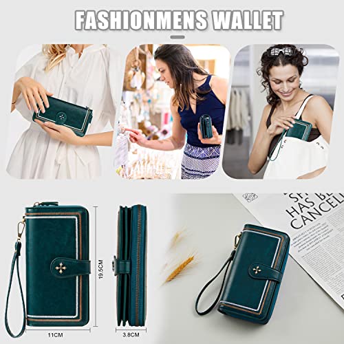 GSG Womens Wallet - ID Credit Card Holder for Women, Long Wristlet Leather Zipper Wallet with RFID Blocking, Teal Ladies Wallet with Large Capacity