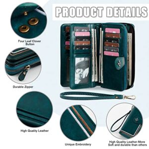 GSG Womens Wallet - ID Credit Card Holder for Women, Long Wristlet Leather Zipper Wallet with RFID Blocking, Teal Ladies Wallet with Large Capacity