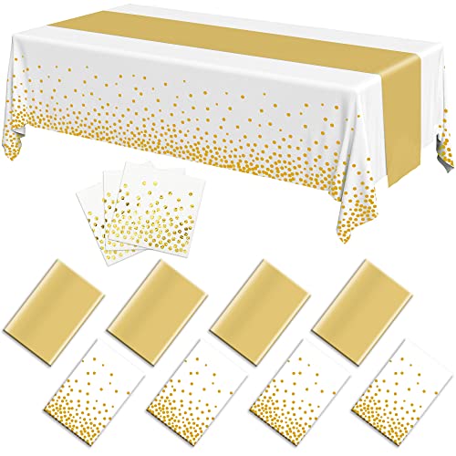 4 Pack Disposable Plastic Gold Tablecloths 54"X108" and 4 Pack Satin Table Runner 12"x 108" with 40 PCS Dinner Paper for Wedding Birthday Valentine’s Day Graduation Baby Shower Holiday