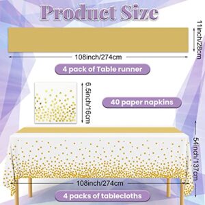 4 Pack Disposable Plastic Gold Tablecloths 54"X108" and 4 Pack Satin Table Runner 12"x 108" with 40 PCS Dinner Paper for Wedding Birthday Valentine’s Day Graduation Baby Shower Holiday