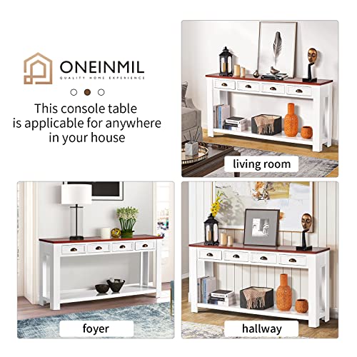 oneinmil Console Table, 60 Narrow Long Sofa Table, Entryway Table, Industrial Sofa Table, Side Table, for Hallway, Living Room, Sturdy and Stable, Easy to Assemble, White