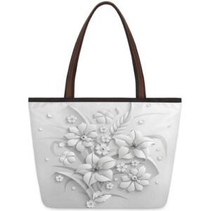 3d style white flower handbags for women shopping tote bag bouquet top handle shoulder bag satchel purse beach